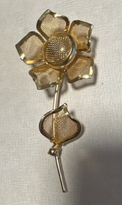 Gold Tone Mesh Long Stem Petal Flower Fashion Brooch Scarf Lapel Pin 3. ...