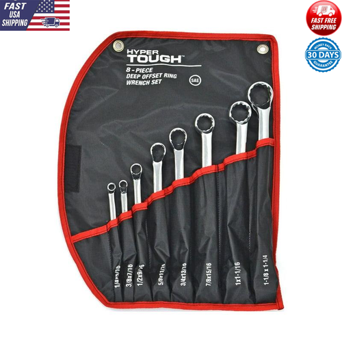 8-Pcs SAE Deep Offset Ring Wrench Chrome Vanadium Set Storage Case ASME ...