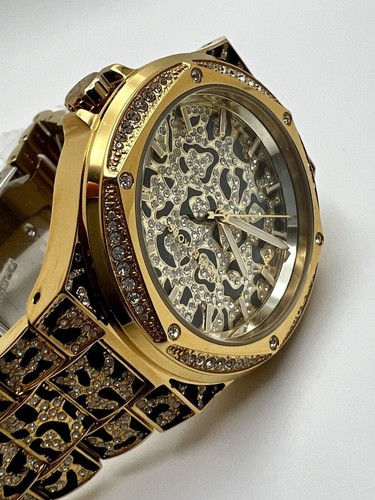 Michael KORS Lennox Animal Leopard Pavé Gold-Tone 43mm Case Watch ...