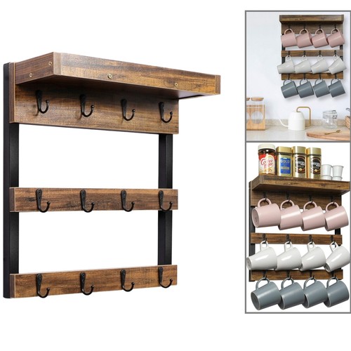 Rustic Mug Rack Cup Holder Wall Mounted with Open Shelves & 12 Sturdy ...