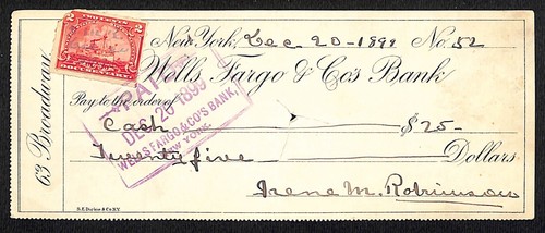 1899 Wells Fargo & Co Bank 63 Broadway NYC Check #52 w/ Rev Stamp Cash ...