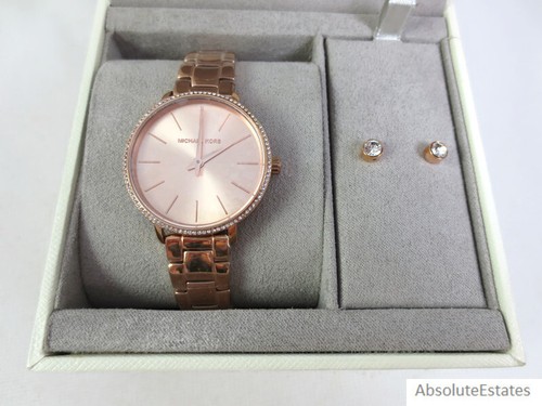 NEW Michael Kors Pyper Rose Gold Ladies Watch & Stud Earring Set MK1040 ...