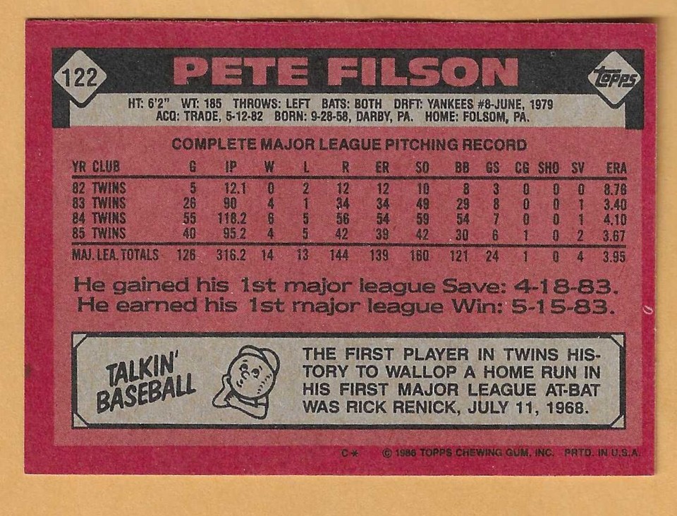 PETE FILSON MINNESOTA TWINS #122 - TOPPS NM-MT 1986 | eBay