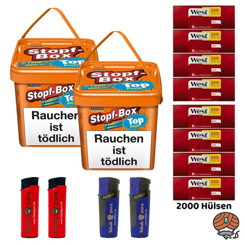 2x Fargo Stopf-Box Volumentabak à 445g + 2000 West Extra Hülsen ...