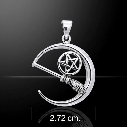 Witch Broom Pentacle Moon Wiccan 925 Sterling Silver Pendant Fine Magic ...
