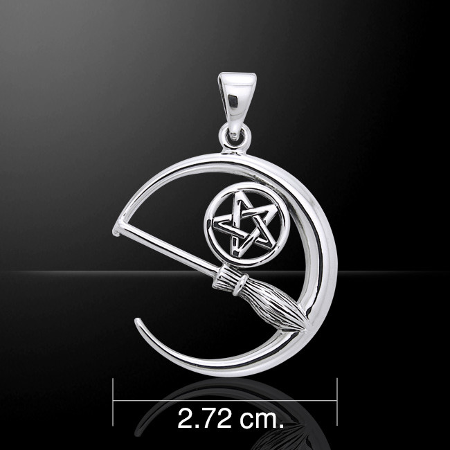Witch Broom Pentacle Moon Wiccan 925 Sterling Silver Pendant Fine Magic ...