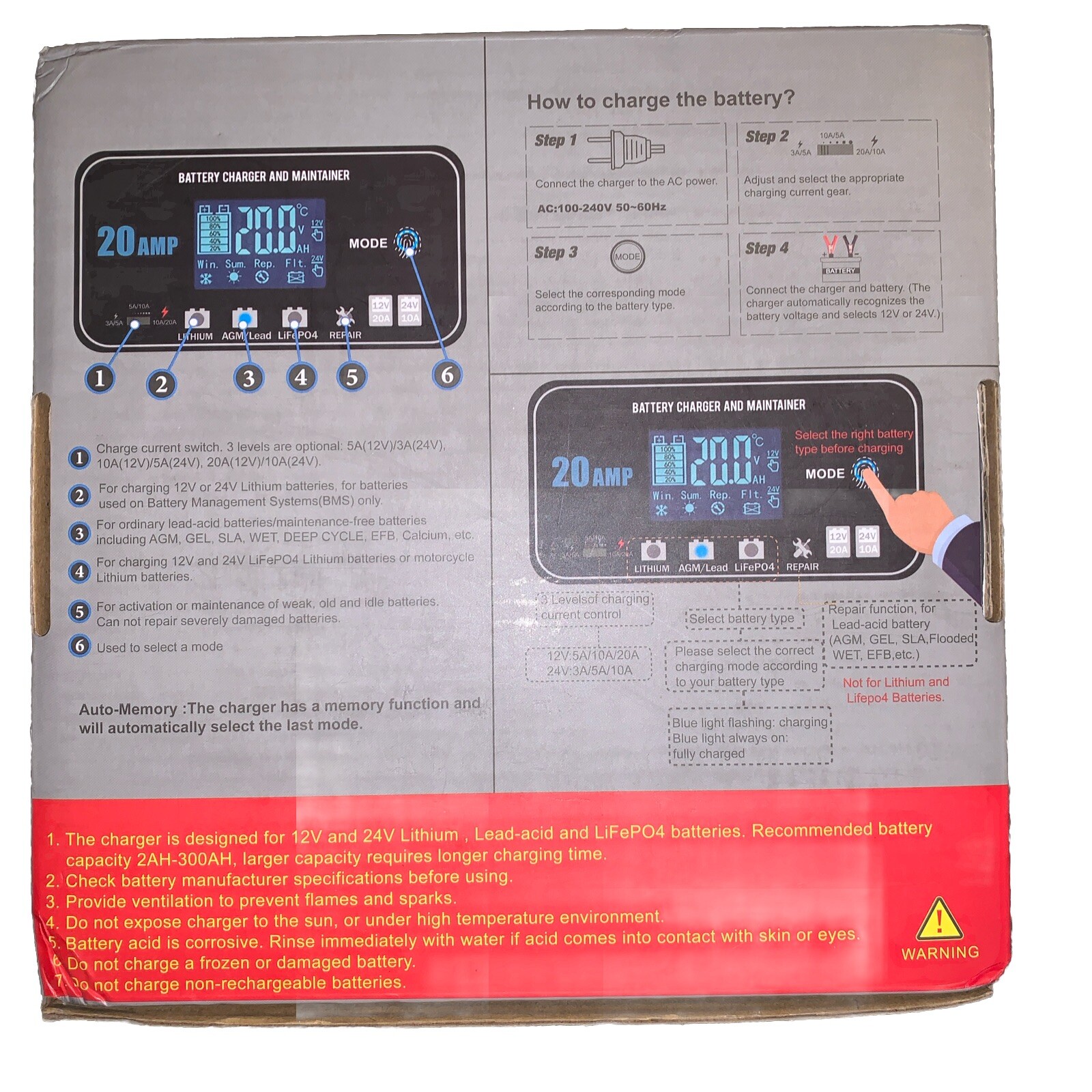 Haisito 20 Amp 12v/24v Smart Battery Charger Lithium Lead-Acid LIFePO4 ...