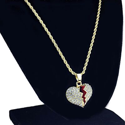 Broken Heart Micro Pendant Chain Bling Charm Gold Plated 24" Inch Rope ...
