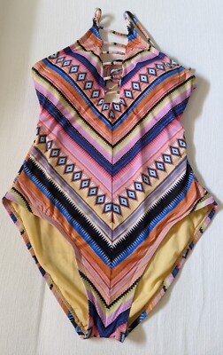 Hobie Women's Aztec Print High Neck Strappy Front One Piece Swimsuit Sz ...