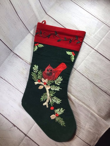 Vintage Christmas Velvet Stocking Red Cardinal Ribbon Embroidered | eBay