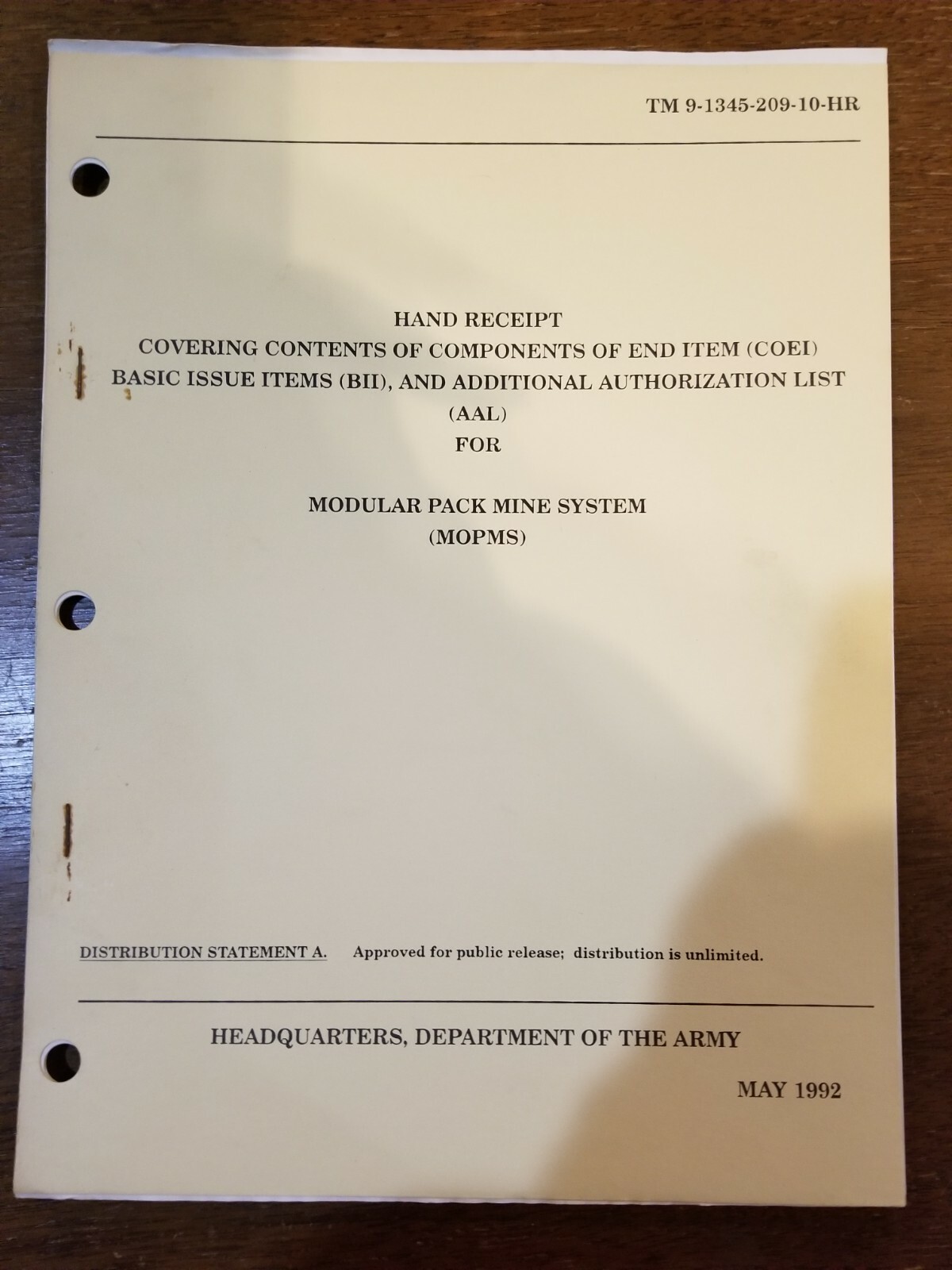 TM 9-1345-209-10-HR Hand Receipt for Modular Pack Mine System (MOPMS ...