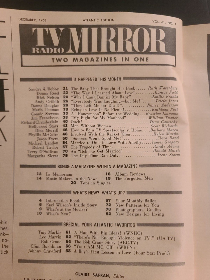 TV Radio Mirror Magazine December 1963 Vol 61 #1 Donnie Reed | eBay
