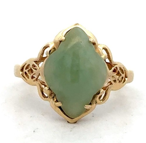 Designer 14K Yellow Gold Clover Green Jade Open Work Ring | eBay