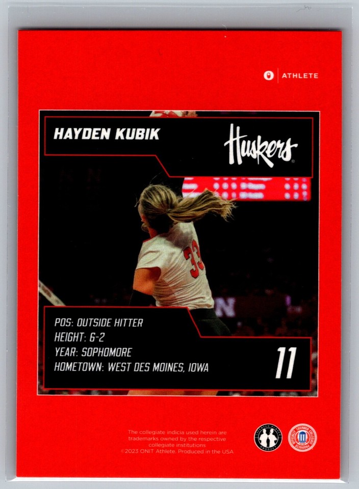Hayden Kubik 2023 ONIT Nebraska RED #22 Volleyball Card Rookie RC ...