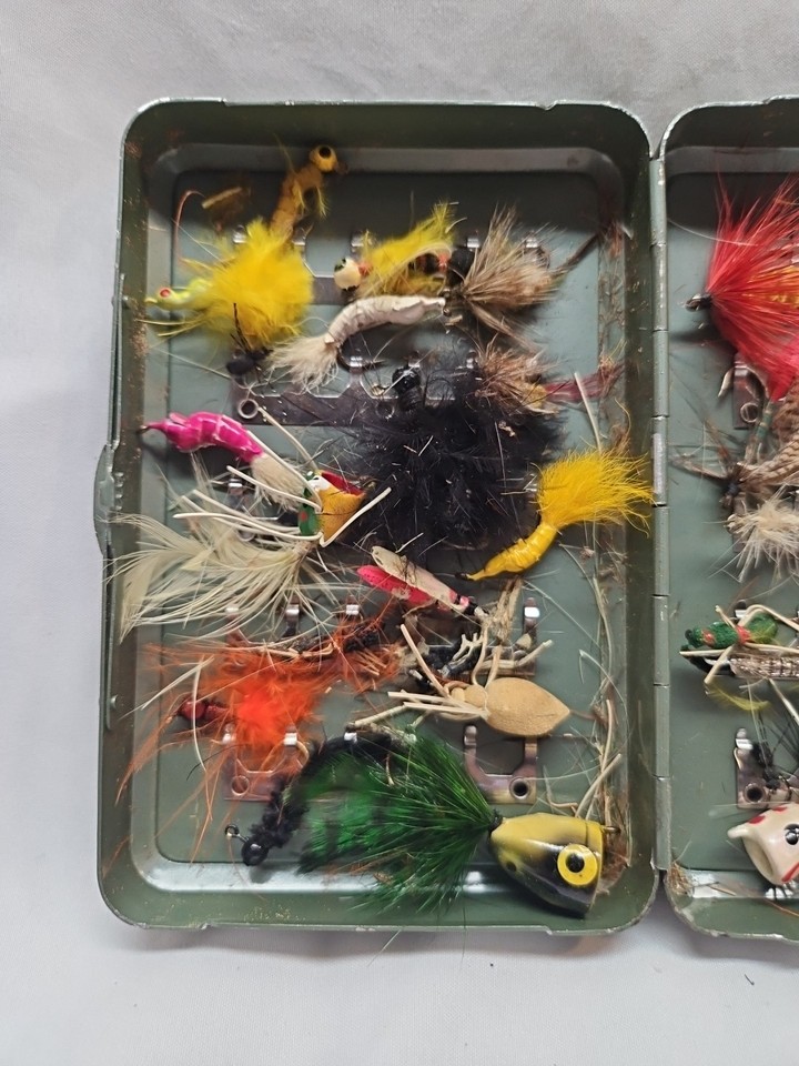 Vintage Green Metal FLY BOX Ventilated Box PACKED with Vintage Flies ...