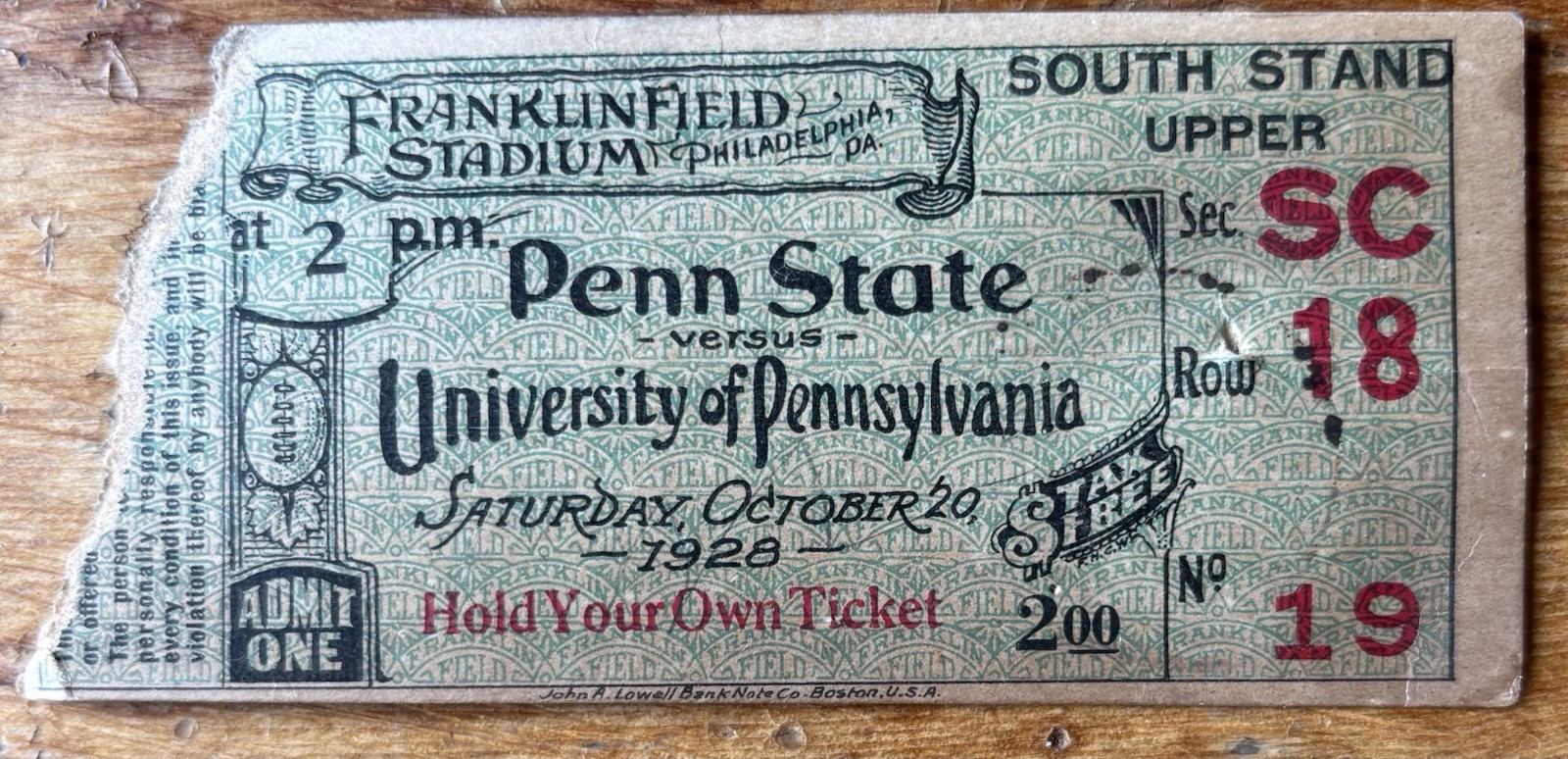 1928 Penn State vs. University of Pennsylvania Football Game Ticket ...