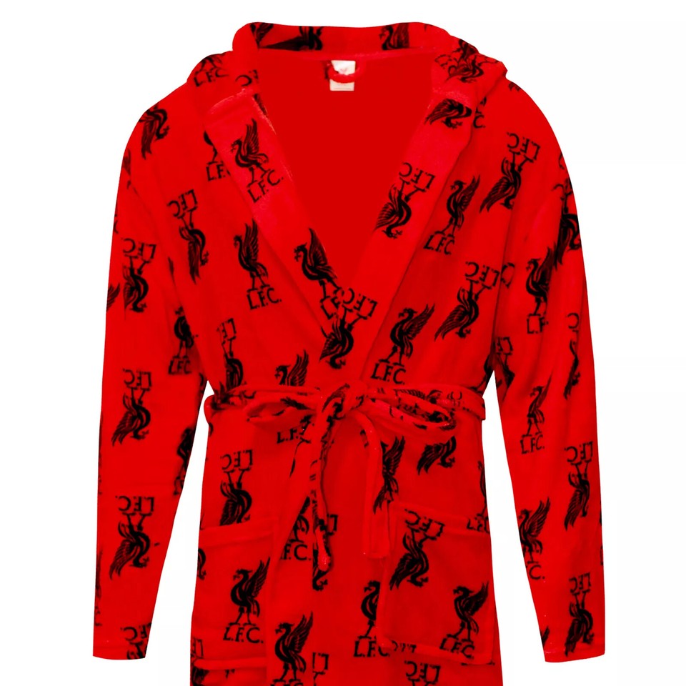 Liverpool FC Football Mens Unisex Dressing Gown Soft Fleece Hooded Bath ...