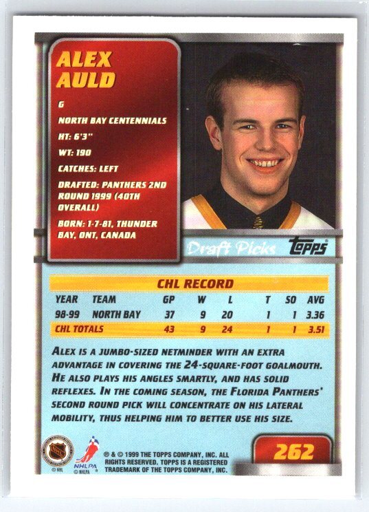 1999 Topps Alex Auld #262 DPK, RC Rookie North Bay Centennials | eBay