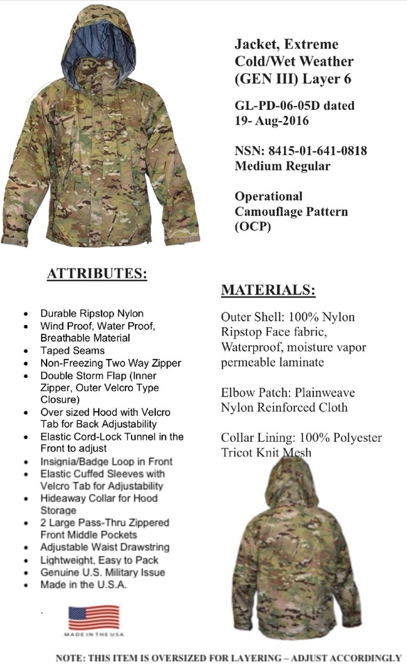 US Military EXTREME COLD WET WEATHER JACKET, ECWCS Gen III Layer 6 OCP ...