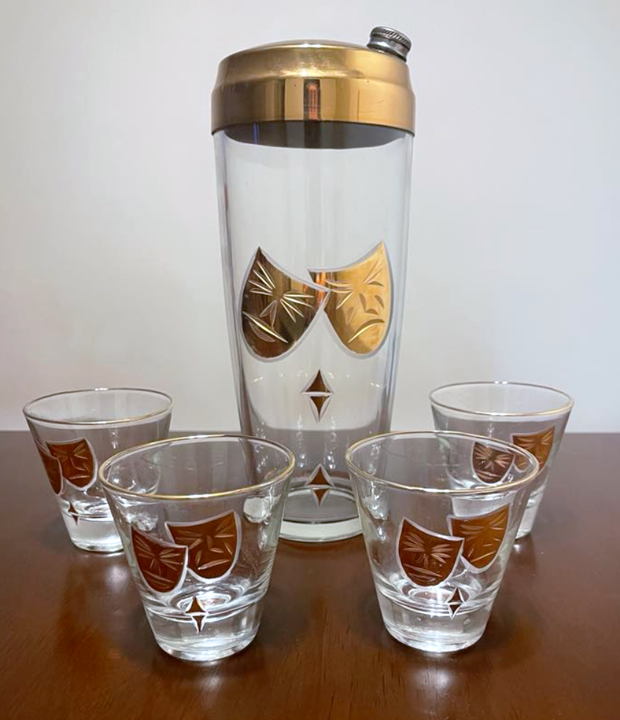 MCM Cocktail Shaker and 4 Shot Glasses Gold Theater Masks Comedy ...