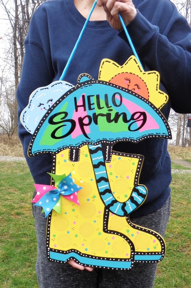 Hello Spring 18" SIGN Wooden Rainboots Umbrella WALL ART DOOR HANGER ...