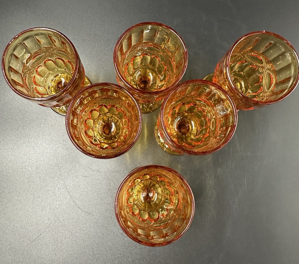 Vtg Indiana Colony Park Amber Thumbprint Pedestal Wine Goblet Glasses ...
