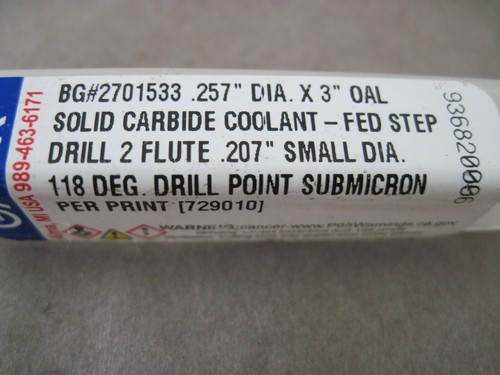 Garr 2701533 .257” Thru Coolant Carbide Step Drill Bit; Oversized 1/4 ...