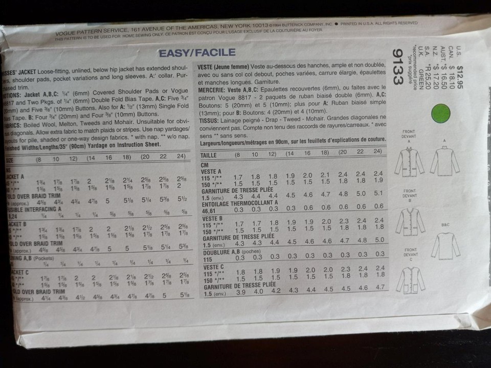 Vogue 9133 Vogue Sport Easy Misses Jacket Pattern Size 14-16-18 | eBay