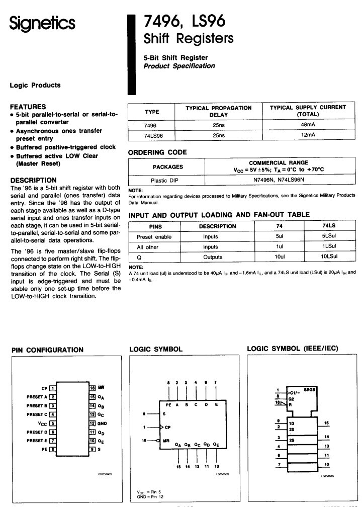7496PC (SN7496N) 5bit Parallel-In/Parallel-Out Shift Register 7496 IC ...