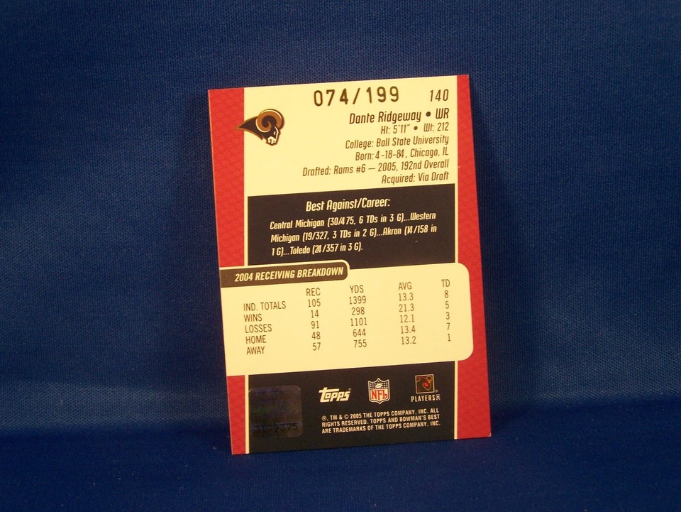 2005 Bowman's Best Rookie Red 74/199 Dante Ridgeway #140 Rookie Auto RC ...