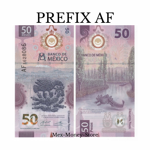 50 PESOS BILL MEXICO AXOLOTL UNCIRCULATED PREFIX AF - IBNS NOTE OF THE ...