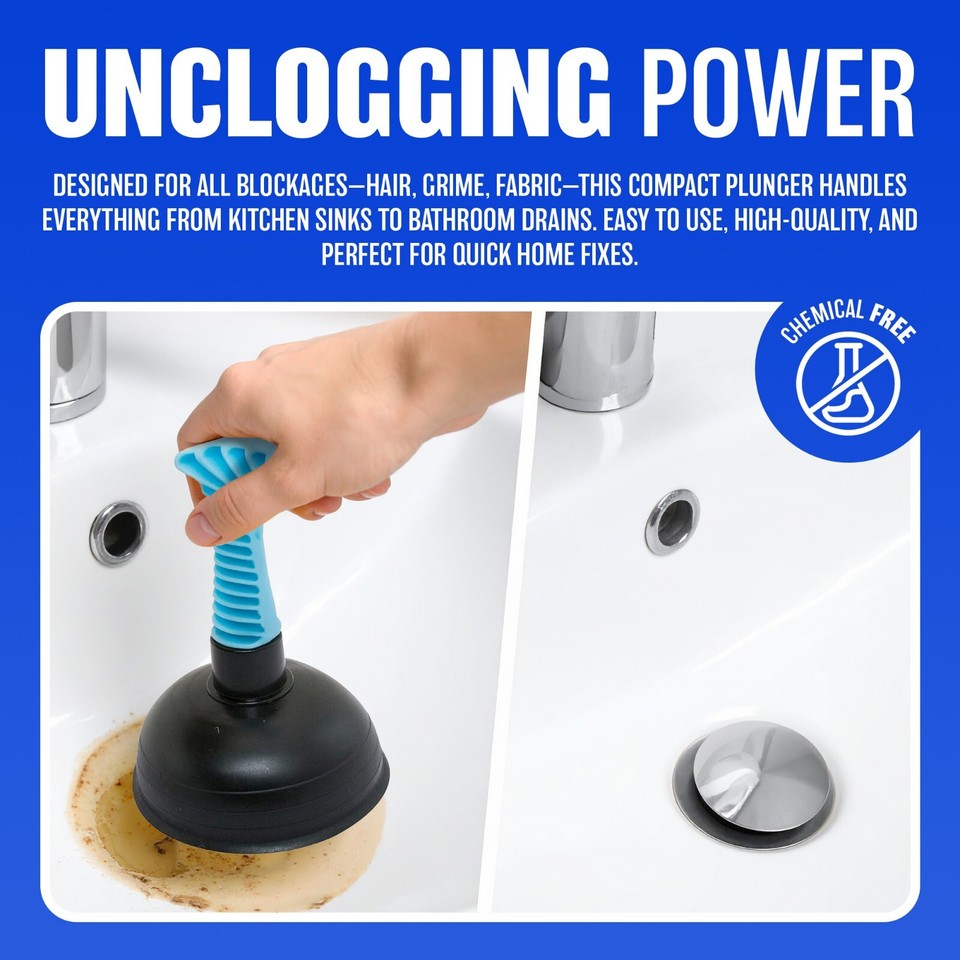 NEW COMPACT PLUNGER WITH GRIP HANDLE FOR SINKS BASINS AND BATHS ...