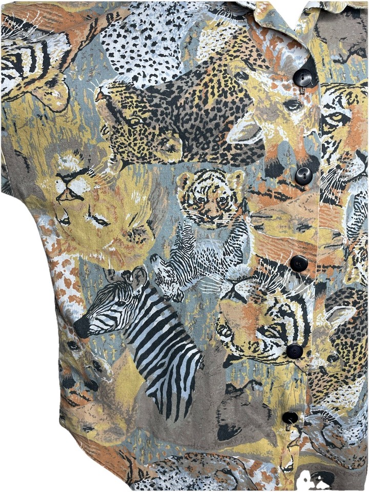 Safari Animals Collared Shirt Zebra Tiger Giraffe Africa VTG Button Men ...