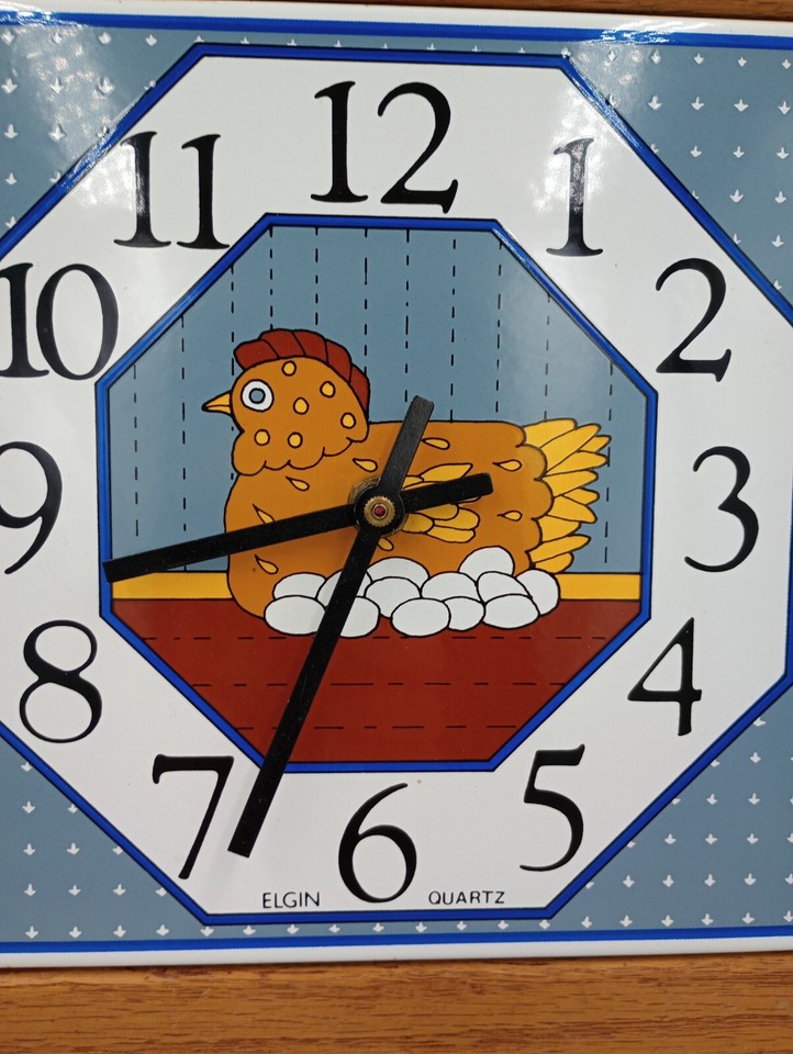 Vintage Elgin Quartz Metal Tile Wall Clock Chicken Hen and Eggs Tested ...