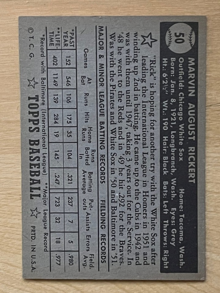 1952 Topps Baseball Marv Rickert Black Back White Sox #50 EX EX-MT | eBay