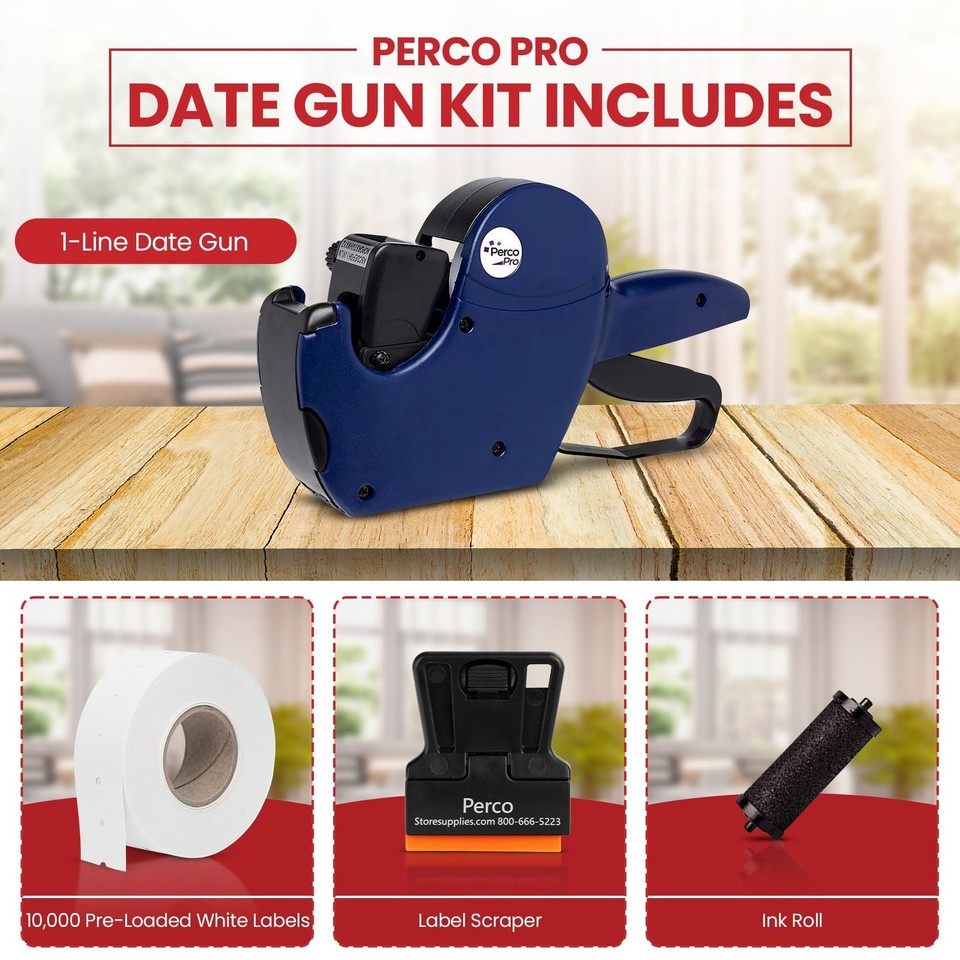 Perco Pro 1 Line Date Label Gun Kit, Includes 8 Digits Date Gun Labeler ...