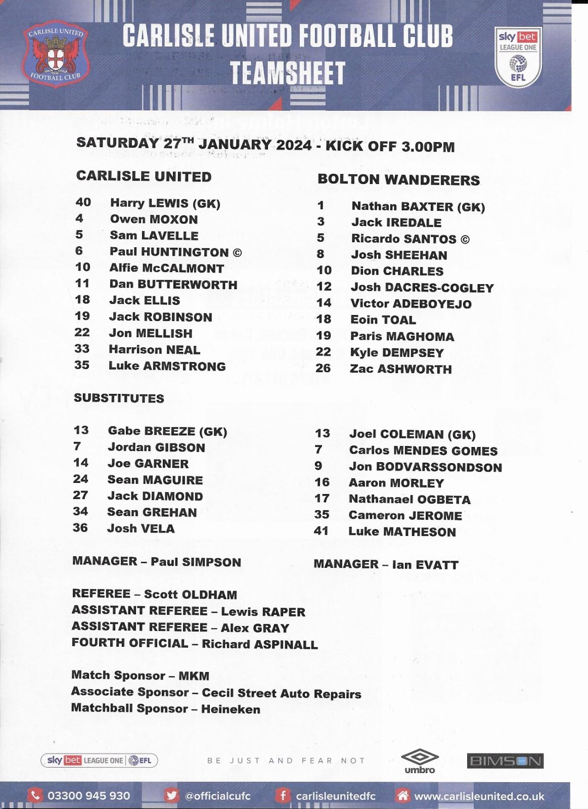 Carlisle United V Bolton Wanderers 27-1-24 Matchday Team sheet and ...