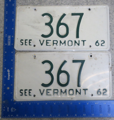 1962 62 VERMONT VT LICENSE PLATE TAG PAIR SET LOW NUMBER 3 DIGIT #367 ...