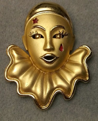 Large Goldtoned Metal Clown Mime Face with Teardrop Brooch Pin | eBay