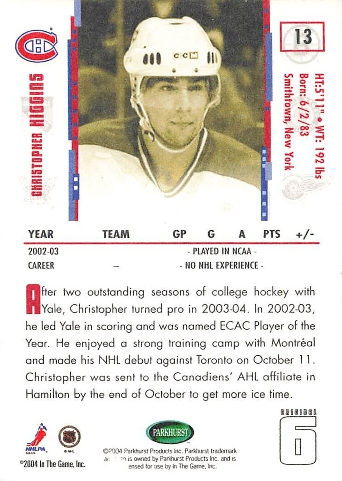 2003/04 Parkhurst #13 Christopher Higgins Canadiens Signed Auto *G1889 ...