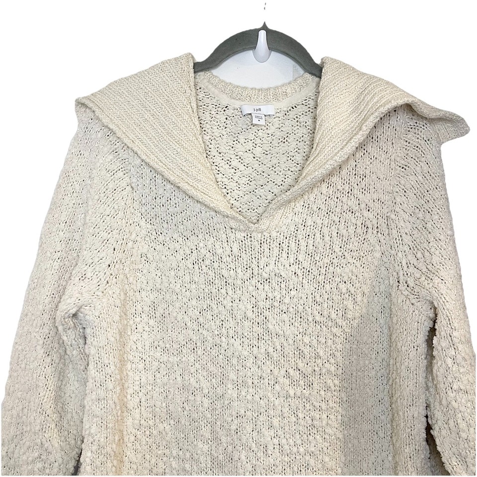 J. Jill Chunky Knit Sweater Pullover V-Neck Ivory Sailor Fold Collar ...