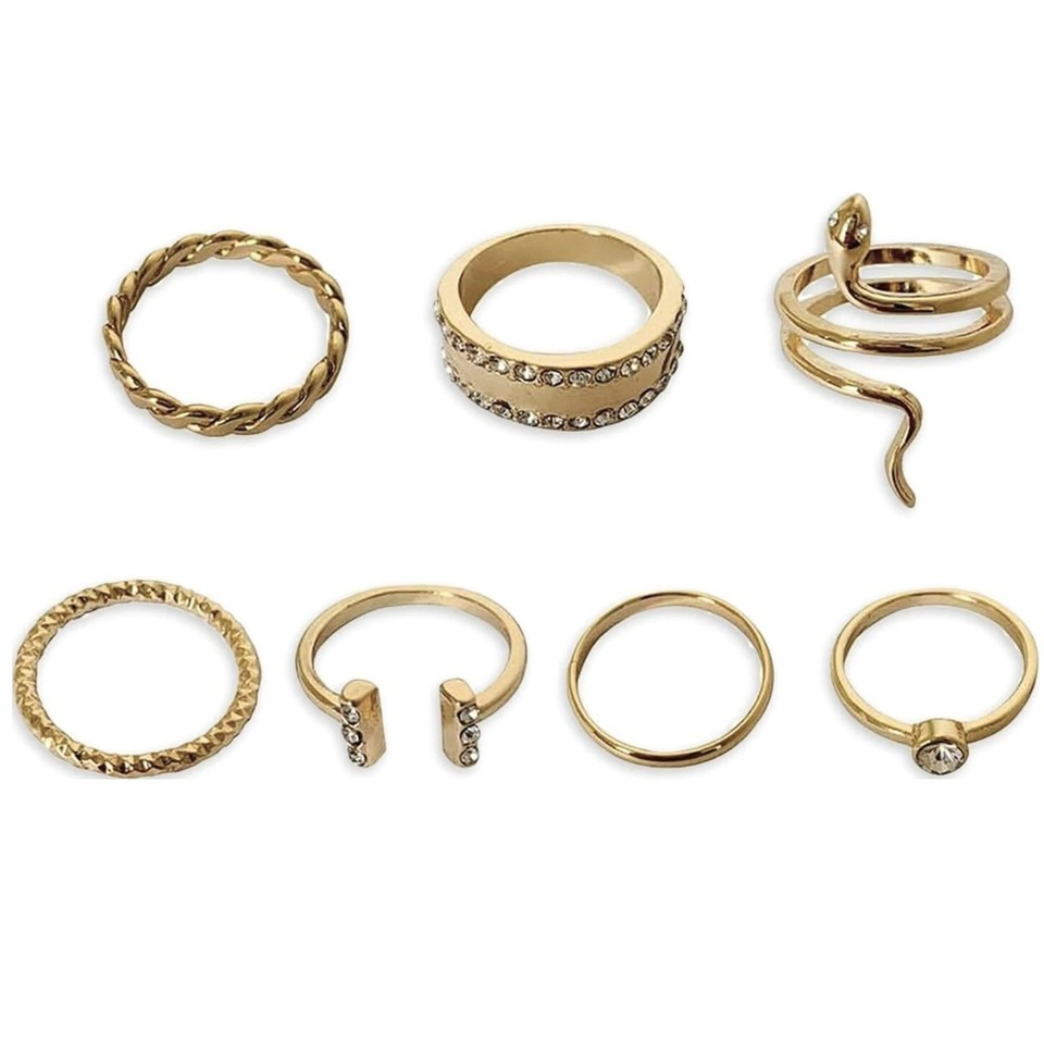 NO BOUNDARIES Women's 7-PC RING SET Gold Stacking w/Snake ~ New on Card ...