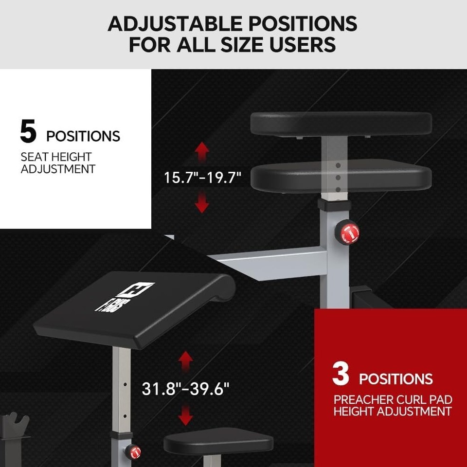 Adjustable Preacher Curl Bench Seated Home Barbell and Dumbbell Biceps ...