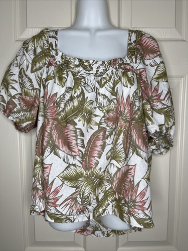 FCUK French Connection Green Pink Short Puff Sleeve Linen Top Size 14 ...