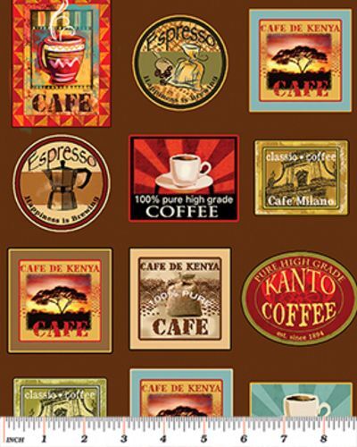 Quilting Sewing Fabric *Low Price* Kanvas Jumpin Java coffee labels ...