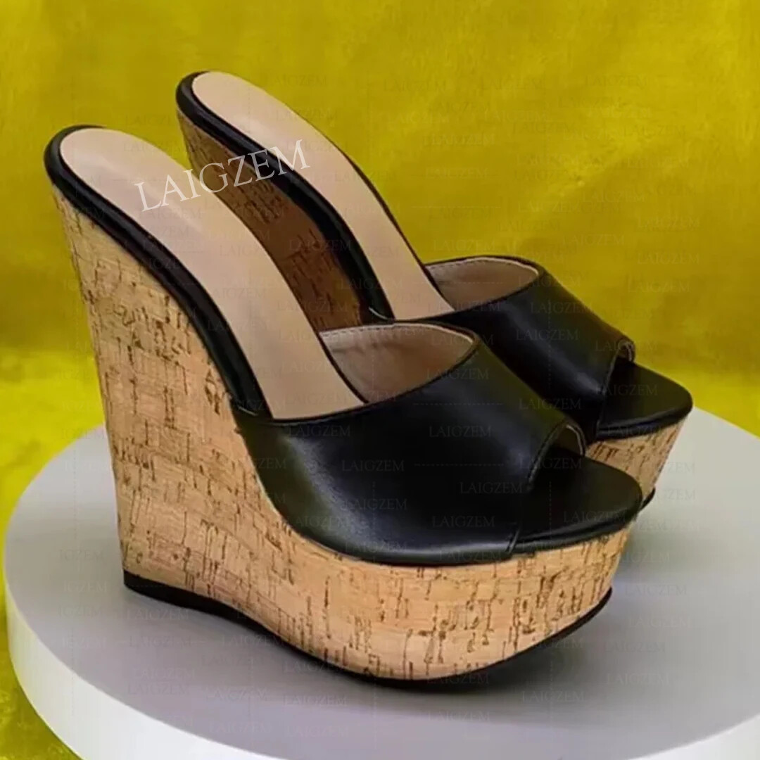 Women Platform Wedges High Heels Slip On Peep Toe Height Increase Shoes ...