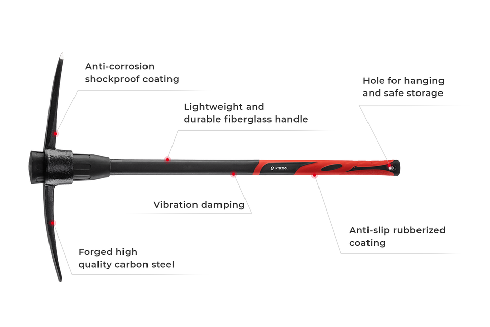 INTERTOOL 5-Pound Pickaxe, Pick Mattock, 36-inch Fiberglass Handle HT08 ...