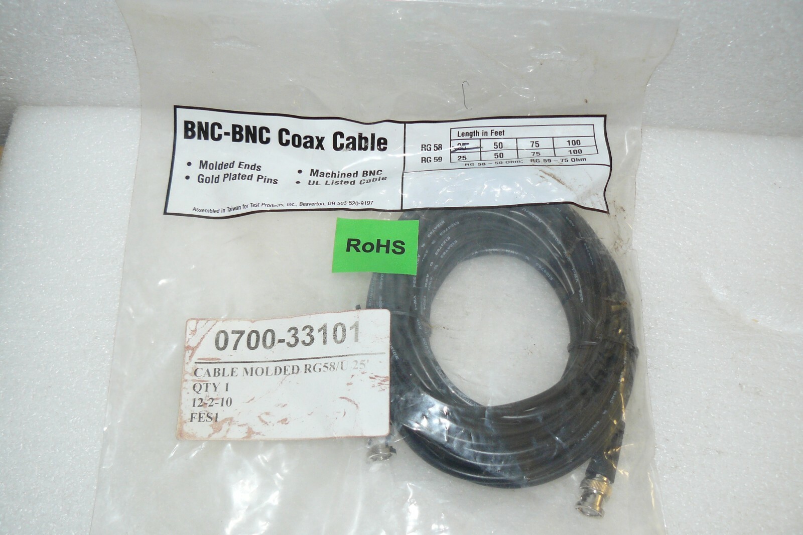 DIGI-KEY BNC-BNC COAX CABLE 58-300-1M MOLDED CABLE RG58/U 25FT for sale ...