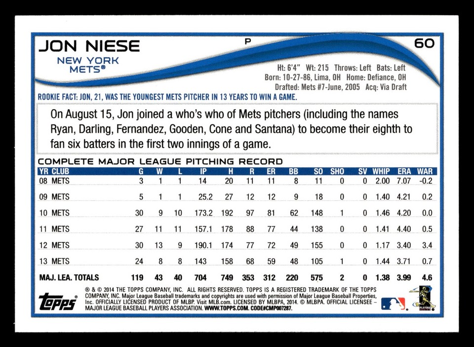 Jon Niese 2014 Topps #60 New York Mets BUY3GET1FREE | eBay