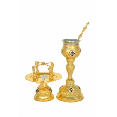11" Greek Orthodox Enamel Design Gold Plated Brass Engraved Chalice Set ...